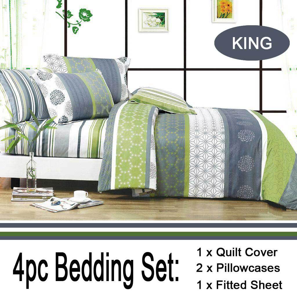 (4PC SET) COTTON Stripe Floral Dexter Quilt Cover Grey Green Doona ...